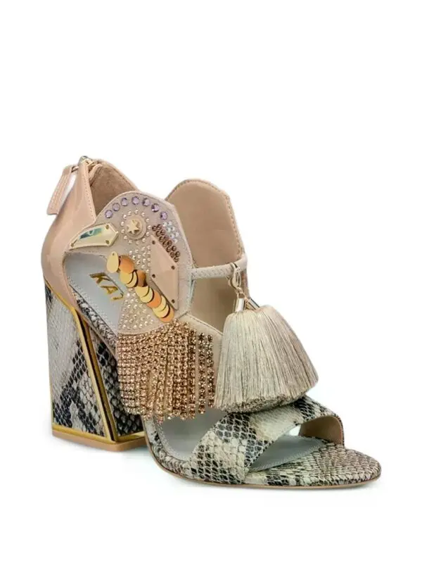 KAT MACONIE Embellished Snakeskin-effect Block Heel Sandals - Neutrals
