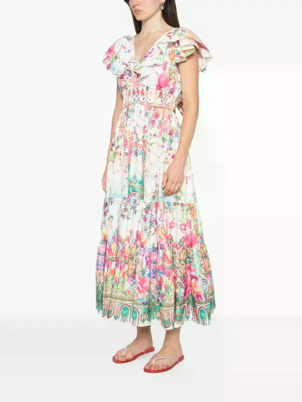 PAPER LACE Floral Print Ruffled Midi Dress