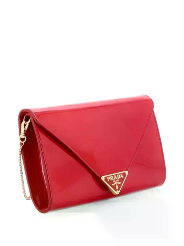 Prada Triangle Logo Envelope Chain Patent Mini Clutch Bag - Red