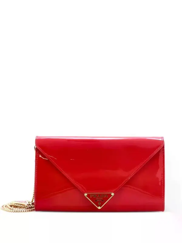 Prada Triangle Logo Envelope Chain Patent Mini Clutch Bag - Red