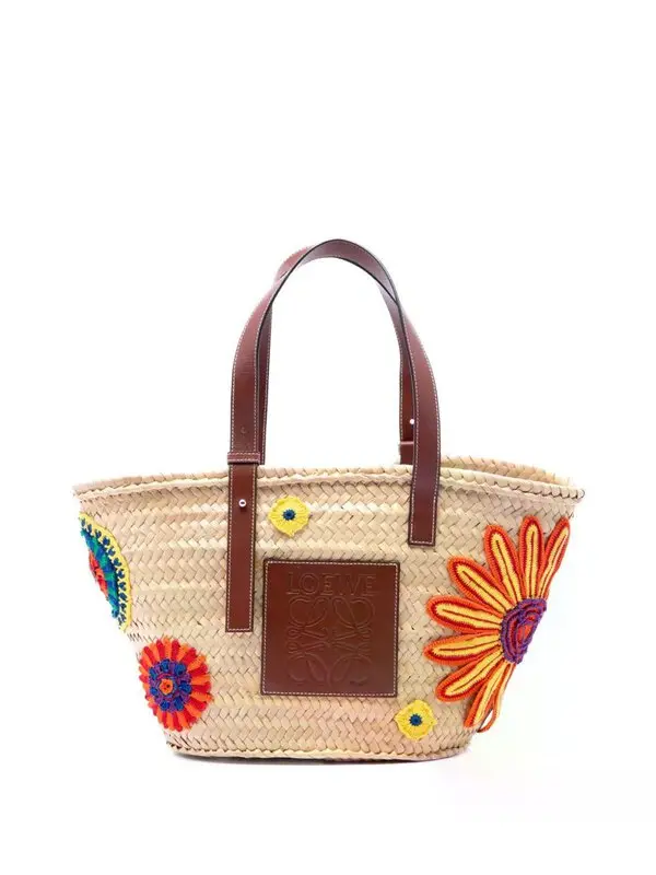 Loewe 2018 Large Floral Embroidered Raffia Basket Tote Bag - Neutrals