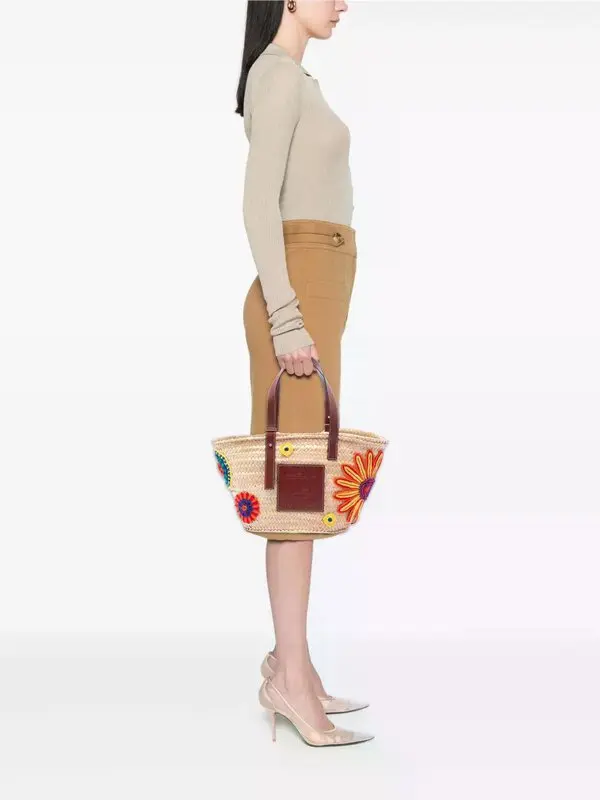 Loewe 2018 Large Floral Embroidered Raffia Basket Tote Bag