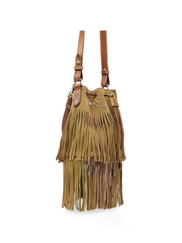 HTC LOS ANGELES Janis Fringes Studded Suede Bucket Bag - Neutrals