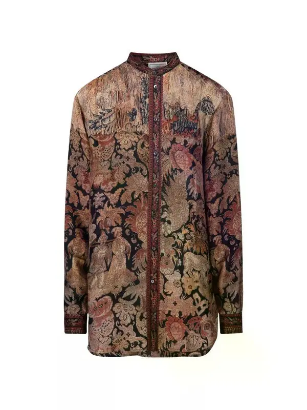 PIERRE-LOUIS MASCIA Aloe Tapestry-print Band-collar Shirt - Brown