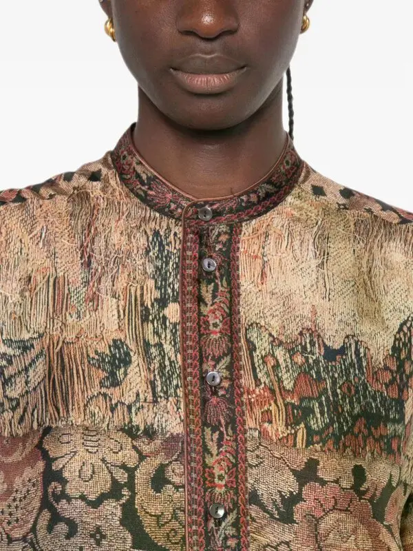 PIERRE-LOUIS MASCIA Floral-print Band Collar Shirt - Brown