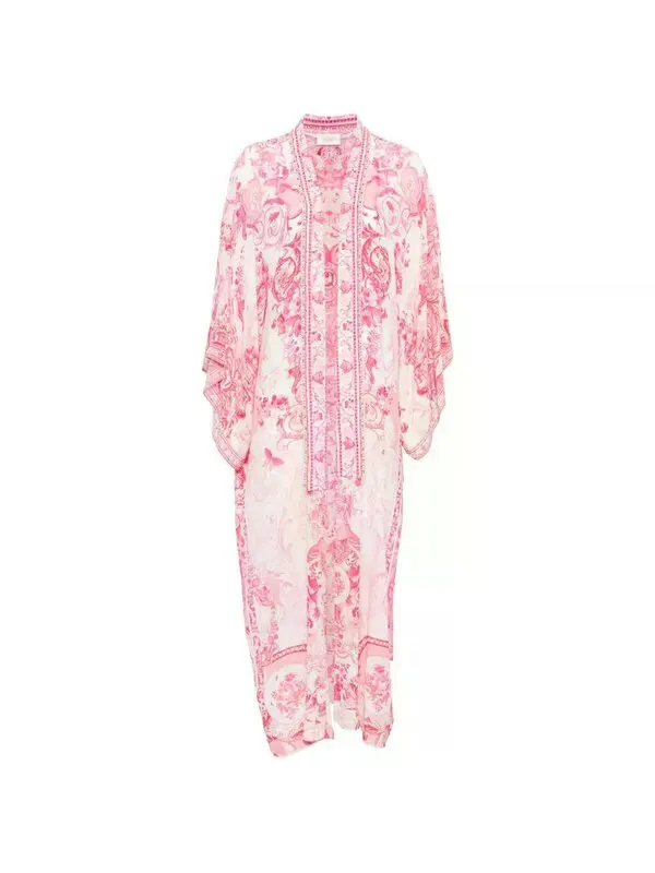 Camilla Silk Baroque Print Crystal Embellished Kimono - White