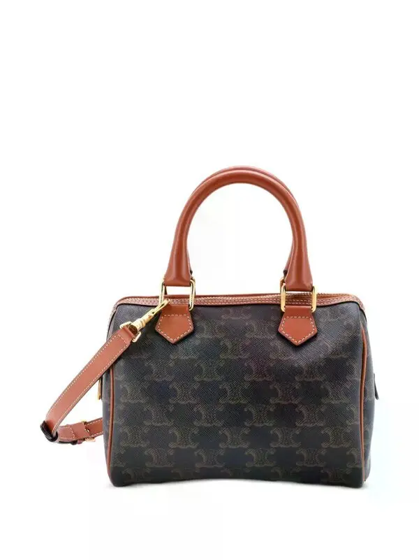 Celine Boston Bag Triomphe Coated Canvas Small Satchel - Brown