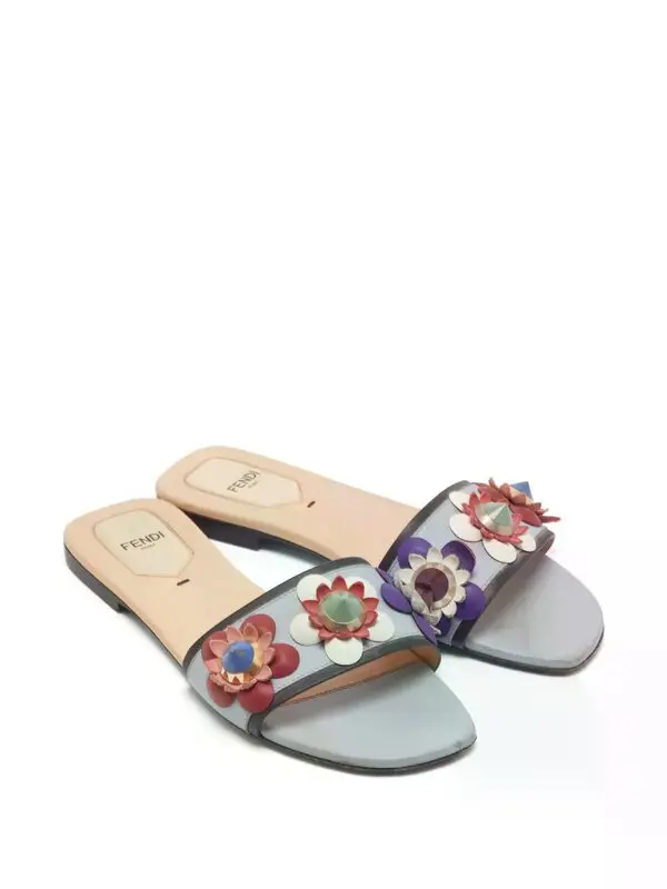 Fendi Flowerland Leather Slide Sandals - Blue