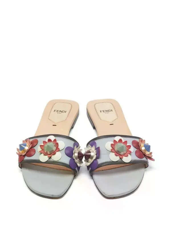 Fendi Flowerland Leather Slide Sandals - Blue