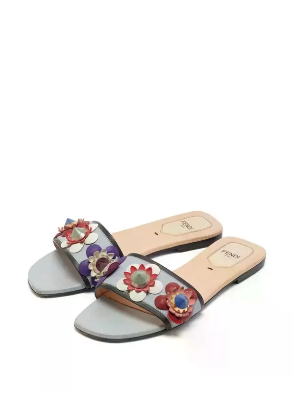 Fendi Flowerland Leather Slide Sandals - Blue