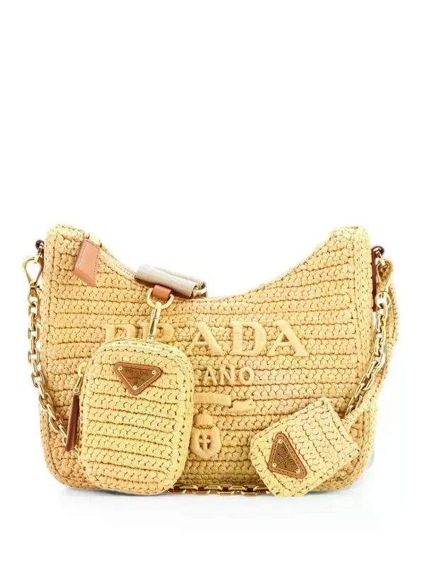 Prada Re-edition 2000 Shoulder Bag Raffia Mini Hobo Bag - Neutrals