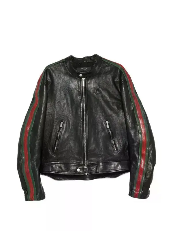 Gucci Leather Zip-up Jacket With Web Stripe Detail