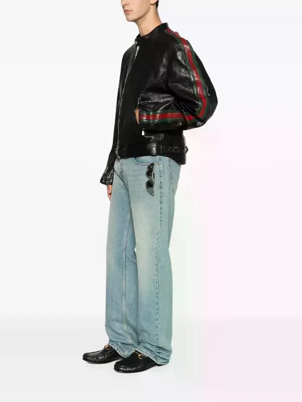 Gucci Leather Zip-up Jacket With Web Stripe Detail