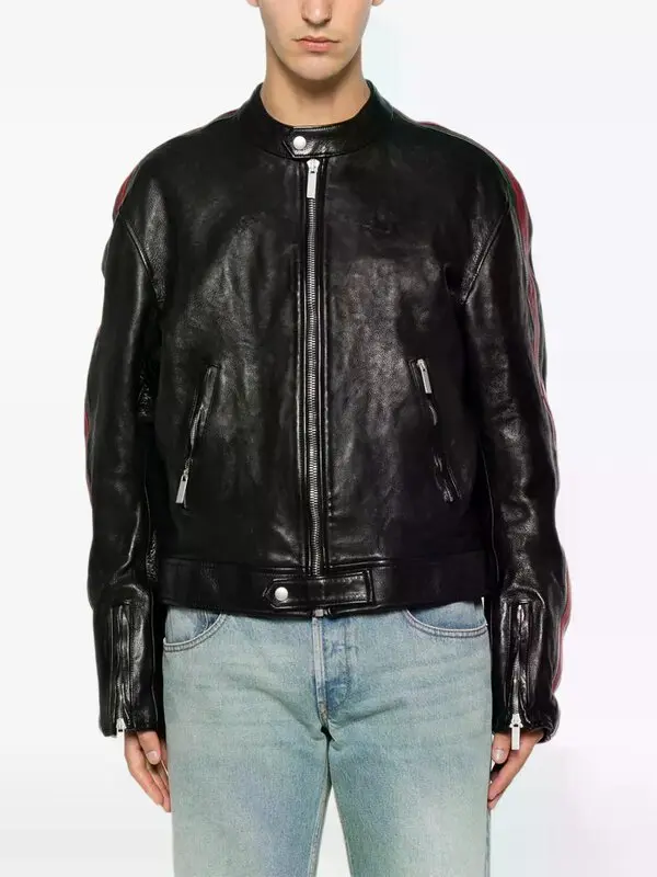 Gucci Leather Zip-up Jacket With Web Stripe Detail