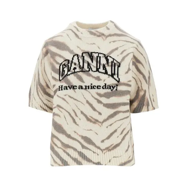 GANNI Short-sleeved Wool-blend Knit Top With Zebra-striped Motif