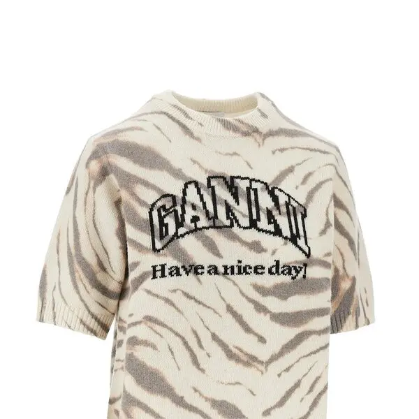 GANNI Short-sleeved Wool-blend Knit Top With Zebra-striped Motif