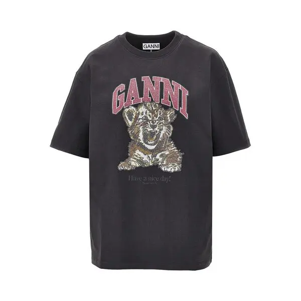 GANNI Organic Cotton Tiger Print T-shirt With Beaded Embellishments - Black