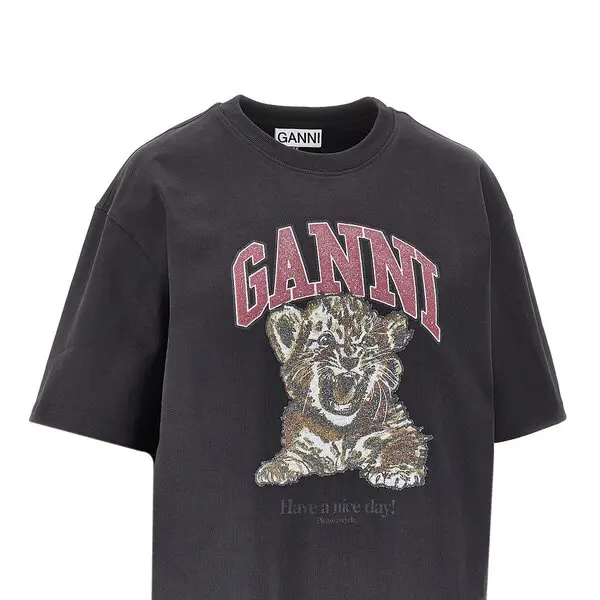 GANNI Organic Cotton Tiger Print T-shirt With Beaded Embellishments - Black