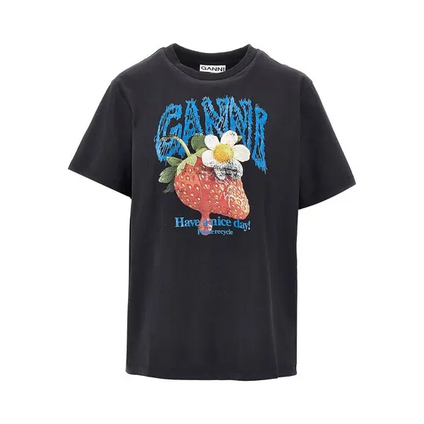 GANNI Strawberry Print Organic Cotton T-shirt - Black