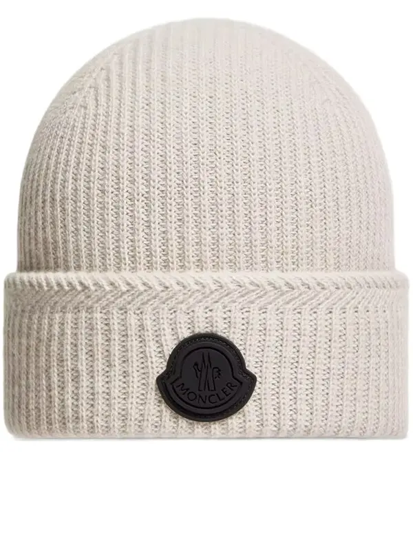 Moncler Ribbed Knit Beanie With Logo Detail - White