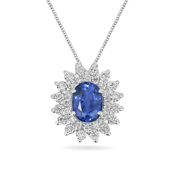 ARTISAN White / Blue Oval Blue Sapphire & Diamond Floral Halo Pendant In 18k White Gold - White/blue