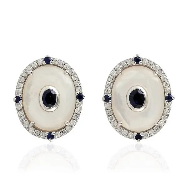 ARTISAN Blue / White Mother Of Pearl, Blue Sapphire & Diamond Halo Stud Earrings In 18k White Gold - Blue/white