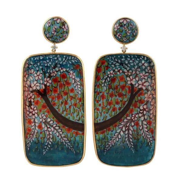 ARTISAN Mother Of Pearl & Enamel Scenic Tree Earrings With Diamond In 18k Yellow - Gold