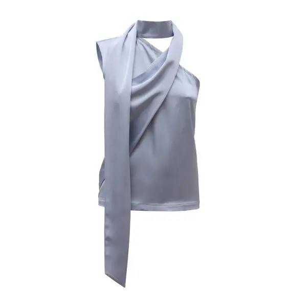 JULIA ALLERT Blue / Black Asymmetrical Satin Top With Choker Collar Light Blue