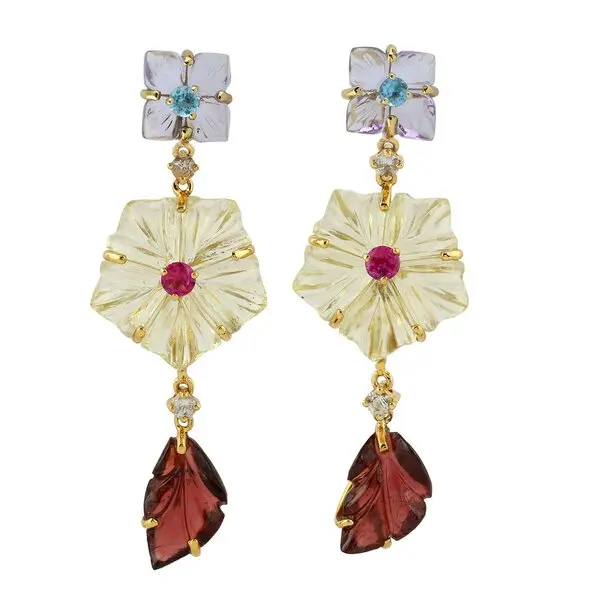 ARTISAN Carved Multi Gemstone Floral Drop Earrings In 18k Gold - Yellow