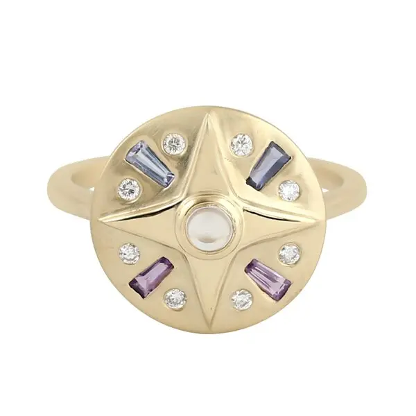 ARTISAN 18k Yellow Moonstone, Sapphire, Iolite, Amethyst, And Diamond Star Signet Ring - Gold