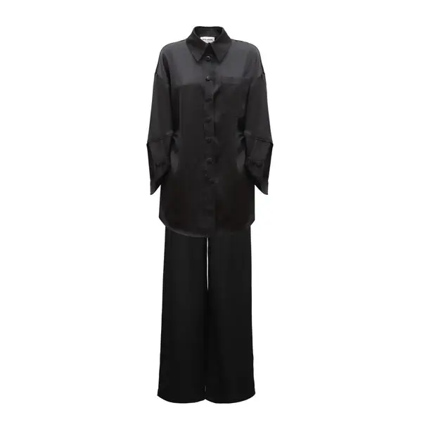 JULIA ALLERT Chic Satin Shirt And Pants Two-piece Set - Black