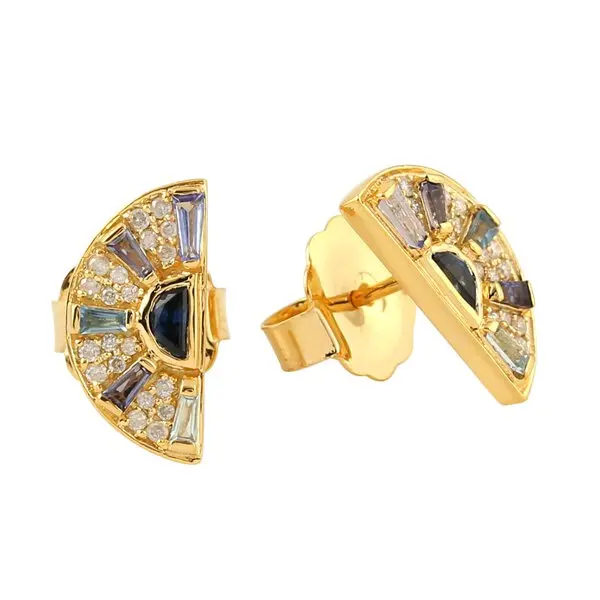 ARTISAN Multi-gemstone & Diamond Half Moon Stud Earrings In 18k Yellow - Gold