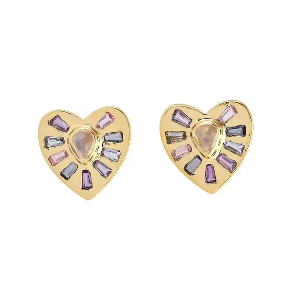 ARTISAN Multi Gemstone Heart Stud Earrings In 18k Yellow