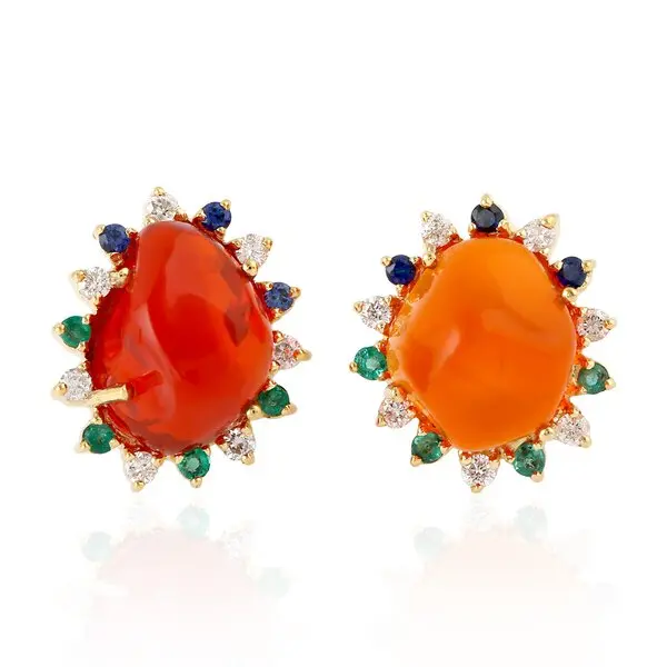 ARTISAN Fire Opal, Sapphire & Emerald Diamond Halo Stud Earrings In 18k Yellow - Gold