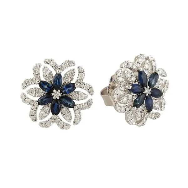 ARTISAN White / Blue Blue Sapphire Floral Diamond Stud Earrings In 18k White Gold - White/blue