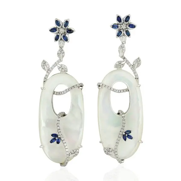 ARTISAN Blue / White Mother Of Pearl, Sapphire & Diamond Floral Earrings In 18k White Gold - Blue/white
