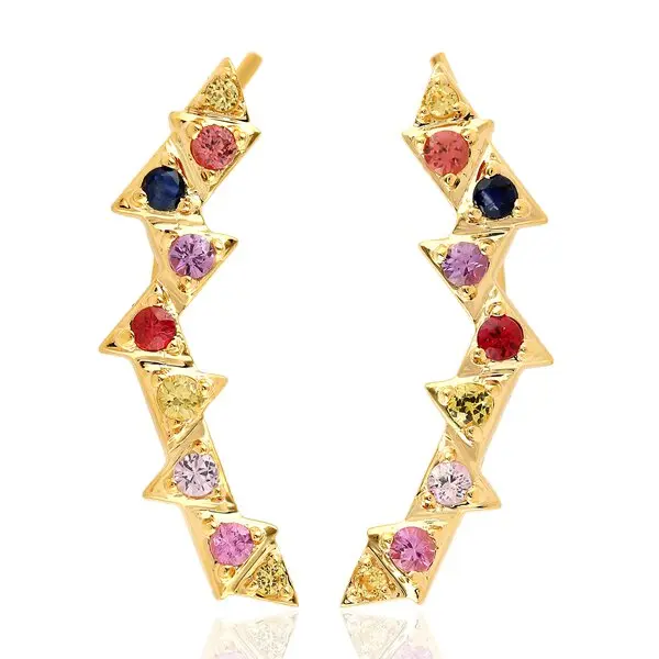 ARTISAN Multi-color Sapphire Geometric Ear Climber Earrings In 18k Yellow Gold - Blue/yellow