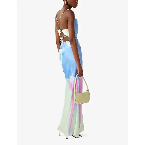 OMNES Ginny Glitched Floral Placement Satin Maxi Dress