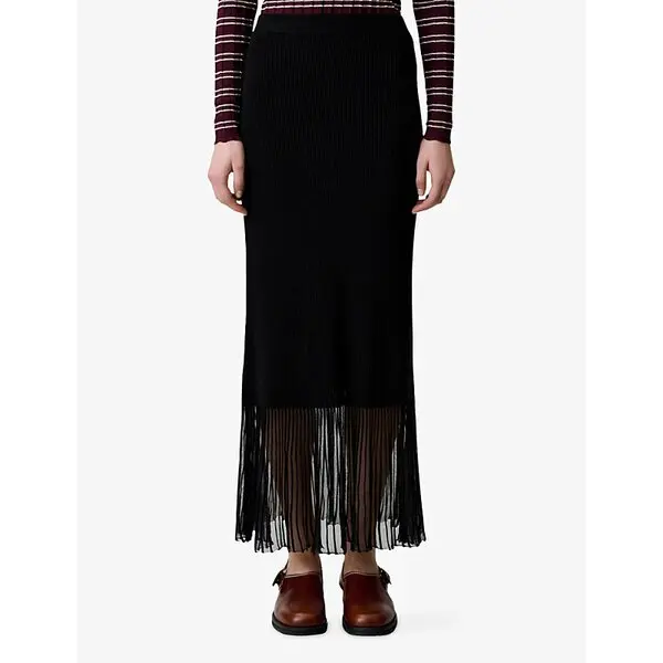 Claudie Pierlot Ribbed Knit Pleated Maxi Skirt - Black