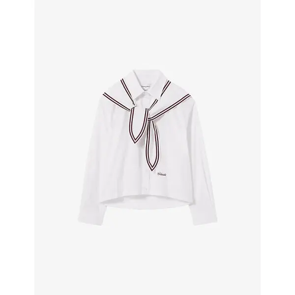 Claudie Pierlot Scarf-detail Brand-embroidered Cotton-poplin Shirt - Ecru