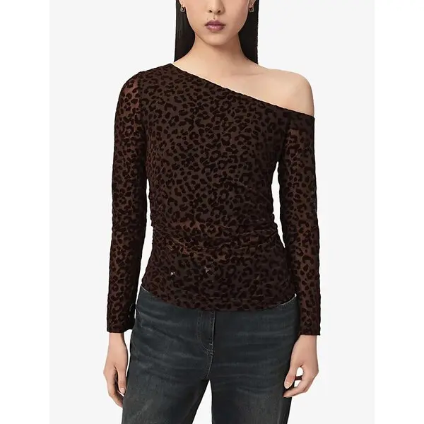 ALLSAINTS Mimi Off-the-shoulder Leopard Mesh Top