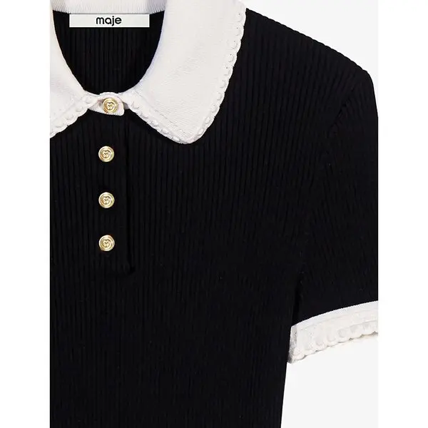 Maje Short-sleeved Ribbed Knitted Polo Shirt