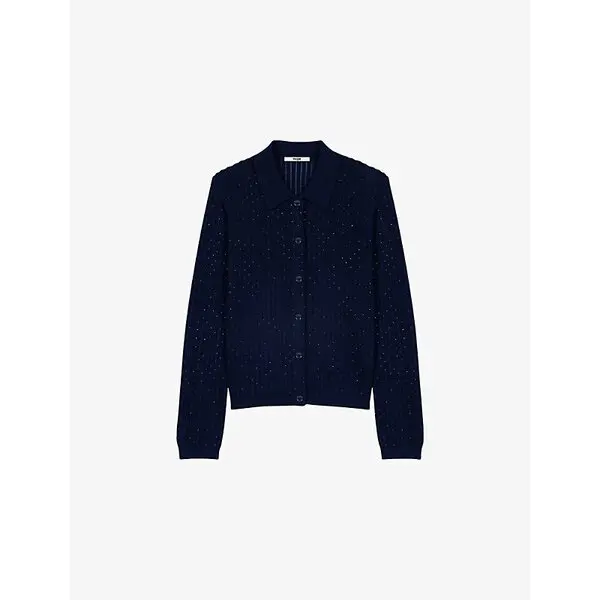 Maje Rhinestone-embellished Knitted Wool-blend Cardigan - Navy