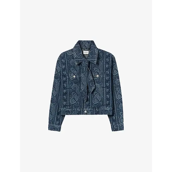 Claudie Pierlot Paisley-print Tie-neck Denim Jacket - Navy Print