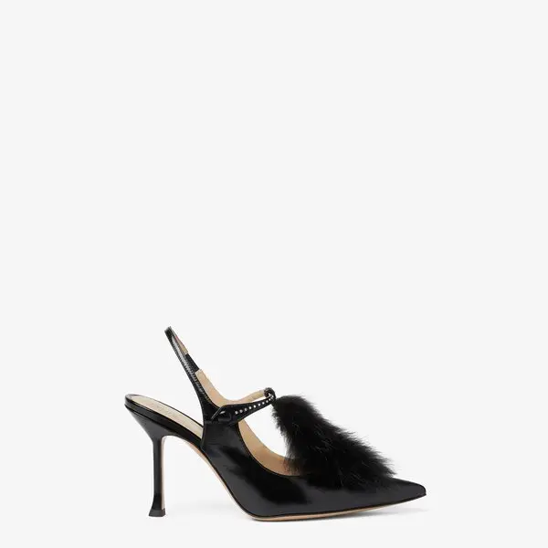 Fendi Noir Calfskin Slingback With Fur Detail - Black