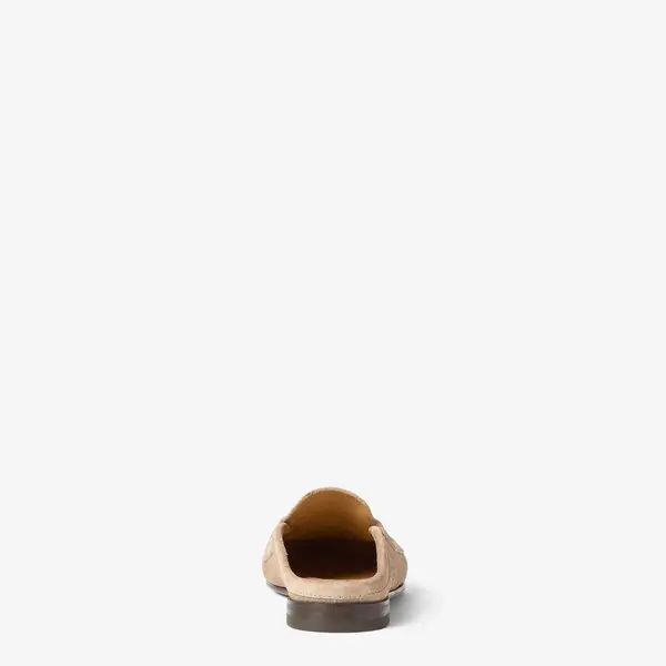 Fendi Suede Moccasin Sabots With Metal Logo Detailing - Beige