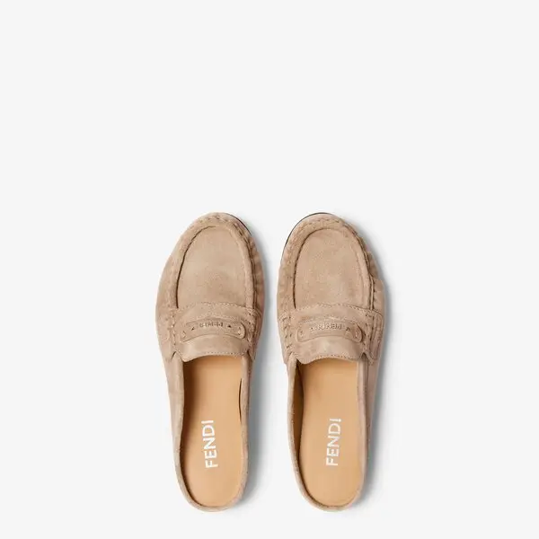 Fendi Suede Moccasin Sabots With Metal Logo Detailing - Beige