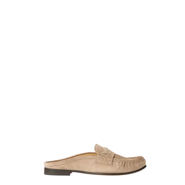 Fendi Suede Moccasin Sabots With Metal Logo Detailing - Beige