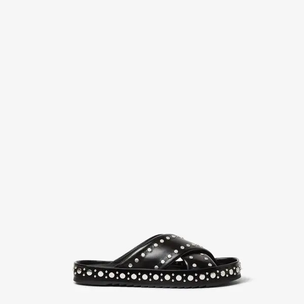 Fendi Calfskin Studded Flat Slides - Black