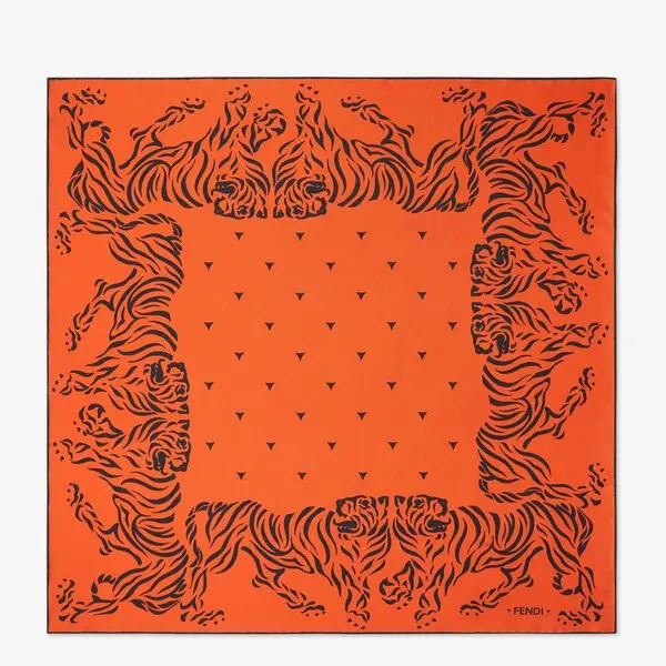 Fendi Silk Foulard With Tiger And Cuneo Motif - Orange